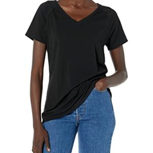 Amazon Essentials Women's Studio Relaxed-Fit Short-Sleeve Lightweight V-Neck T-Shirt, Black, Medium