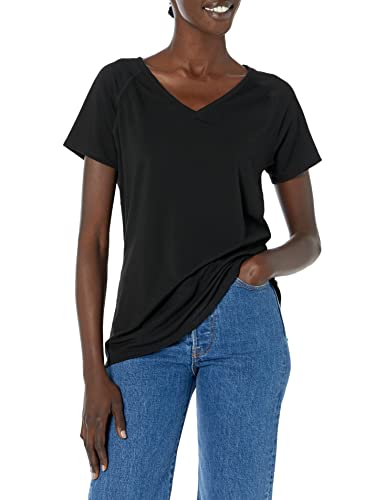 Amazon Essentials Women's Studio Relaxed-Fit Short-Sleeve Lightweight V-Neck T-Shirt, Black, Medium