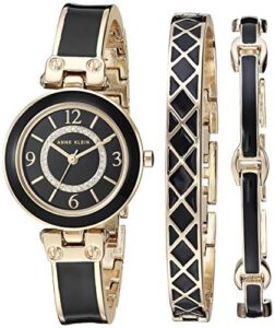 anne klein women's ak/3296bkst premium crystal accented gold-tone and black bangle watch and bracelet set