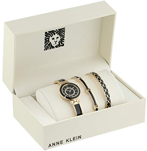 Anne Klein Women's AK/3296BKST Premium Crystal Accented Gold-Tone and Black Bangle Watch and Bracelet Set