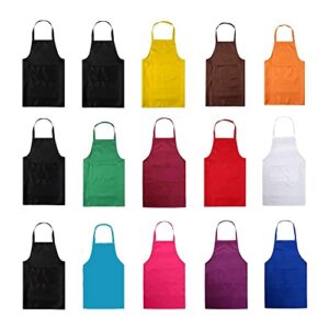 TSD STORY Total 15 PCS Mixed Plain Color Bib Aprons Bulk for Women Men Adult with 2 Front Pockets Chef Cooking Painting Baking(12colours ,15pcs)