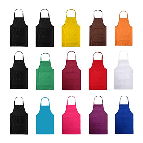 TSD STORY Total 15 PCS Mixed Plain Color Bib Aprons Bulk for Women Men Adult with 2 Front Pockets Chef Cooking Painting Baking(12colours ,15pcs)