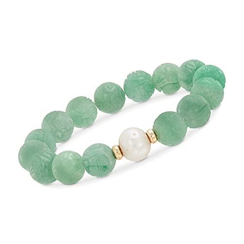 Ross-Simons 11-12mm Cultured Pearl and 12mm Carved Jade Dragon Bead Stretch Bracelet With 14kt Yellow Gold. 7 inches