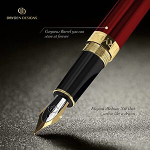 Dryden Designs Fountain Pen - Medium and Fine Nibs | Includes 24 Ink Cartridges and Ink Refill Converter | Calligraphy Pen, Consistent Writing, Smooth Look - Royal Red