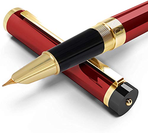 Dryden Designs Fountain Pen - Medium and Fine Nibs | Includes 24 Ink Cartridges and Ink Refill Converter | Calligraphy Pen, Consistent Writing, Smooth Look - Royal Red