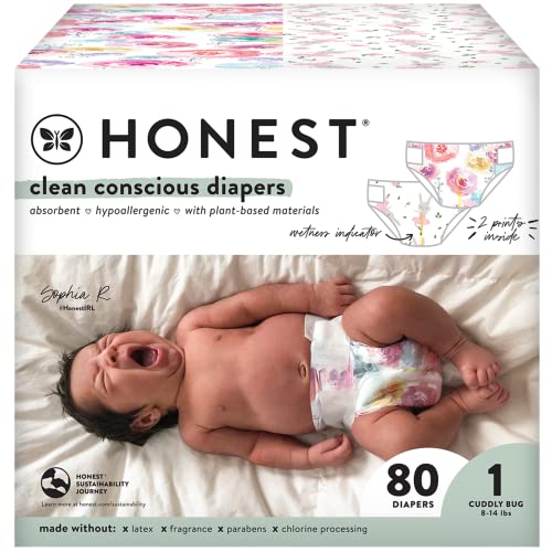 The Honest Company Clean Conscious Diapers | Plant-Based, Sustainable | Rose Blossom + Tutu Cute | Club Box, Size 1 (8-14 lbs), 80 Count