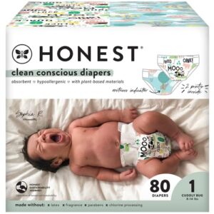 the honest company clean conscious diapers | plant-based, sustainable | above it all + barnyard babies | club box, size 1 (8-14 lbs), 80 count