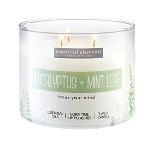 essential elements by candle-lite scented candles, eucalyptus & mint leaf fragrance, one 14.75 oz. three-wick aromatherapy candle with 45 hours of burn time, off-white color