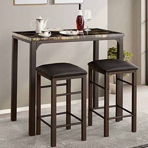 VECELO 3-Piece Pub Dining Set Counter Height Breakfast Table with 2 Bar Stools, Seating for Two, Rustic BRN