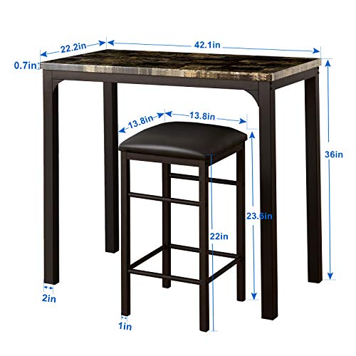 VECELO 3-Piece Pub Dining Set Counter Height Breakfast Table with 2 Bar Stools, Seating for Two, Rustic BRN