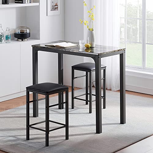 VECELO 3-Piece Pub Dining Set Counter Height Breakfast Table with 2 Bar Stools, Seating for Two, Rustic BRN