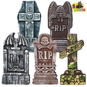 joyin 17” halloween foam rip graveyard tombstones (5 pack), yard sign headstone decorations and 12 bonus metal stakes for halloween yard outdoor indoor decorations