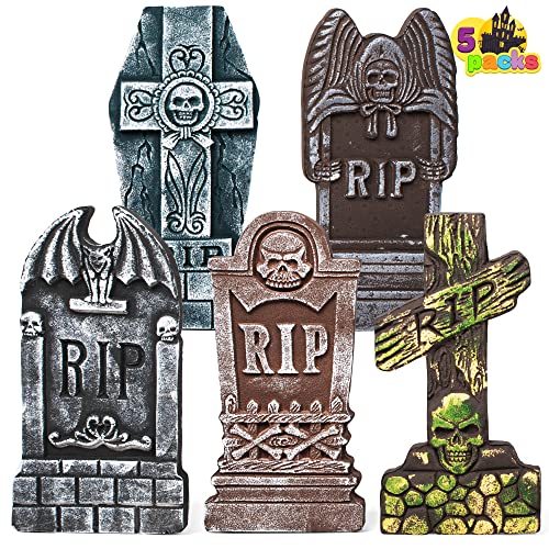 JOYIN 17” Halloween Foam RIP Graveyard Tombstones (5 Pack), Yard Sign Headstone Decorations and 12 Bonus Metal Stakes for Halloween Yard Outdoor Indoor Decorations