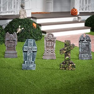 JOYIN 17” Halloween Foam RIP Graveyard Tombstones (5 Pack), Yard Sign Headstone Decorations and 12 Bonus Metal Stakes for Halloween Yard Outdoor Indoor Decorations