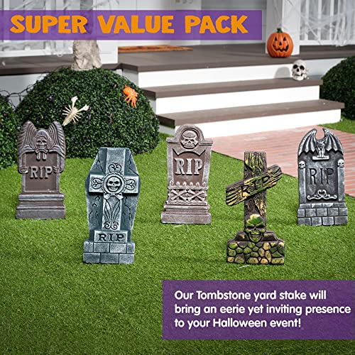 JOYIN 17” Halloween Foam RIP Graveyard Tombstones (5 Pack), Yard Sign Headstone Decorations and 12 Bonus Metal Stakes for Halloween Yard Outdoor Indoor Decorations