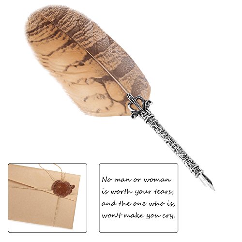 5PCS Feather Pen,Quill Pen Set Calligraphy Writing Quill Ink Dip Pen,Replacable Nib,Steel Nibbed Calligraphy Pen Set with Sealing Wax Stamp Crafts in Gift Box