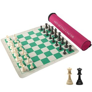 holyking 20" tournament travel chess sets roll up, beginner portable vinyl chess board game set in carry tube, family games for kids adults -forest green