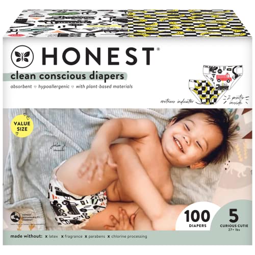 The Honest Company Clean Conscious Diapers | Plant-Based, Sustainable | So Delish + All the Letters | Super Club Box, Size 5 (27+ lbs), 100 Count