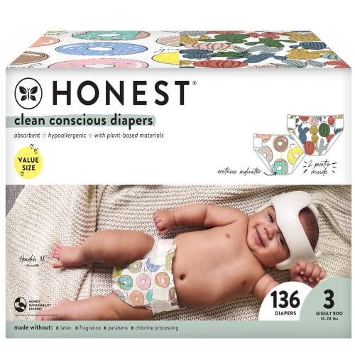 The Honest Company Clean Conscious Diapers | Plant-Based, Sustainable | Cactus Cuties + Donuts | Super Club Box, Size 3 (16-28 lbs), 136 Count