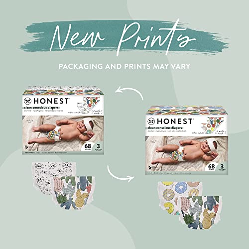 The Honest Company Clean Conscious Diapers | Plant-Based, Sustainable | Cactus Cuties + Donuts | Super Club Box, Size 3 (16-28 lbs), 136 Count