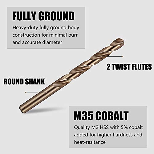 Hymnorq 1/4 Inch Fractional Size M35 Cobalt Steel Twist Drill Bit Set of 10pcs, Jobber Length and Straight Shank, Extremely Heat Resistant, Suitable for Drilling in Stainless Steel and Iron