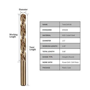 Hymnorq 1/2 Inch Fractional Size M35 Cobalt Steel Twist Drill Bit Set of 2pcs, Jobber Length and Straight Shank, Extremely Heat Resistant, for Drilling in Stainless Steel and Cast Iron