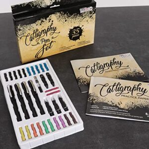 U.S. Art Supply 35-Piece Calligraphy Pen Writing Set - 4 Calligraphy Pens, 5 Size Styles of Pen Nibs, 22 Ink Cartridges, Instructional Handbook, Practice Paper Pad - Kids, Students, Adults Starter Kit