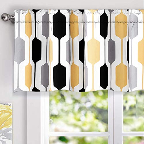 DriftAway Riley Geo Lined Window Curtain Valance Mid Century Geometric Pattern 2 Layers Rod Pocket 52 Inch by 18 Inch Plus 2 Inch Gold Black Gray