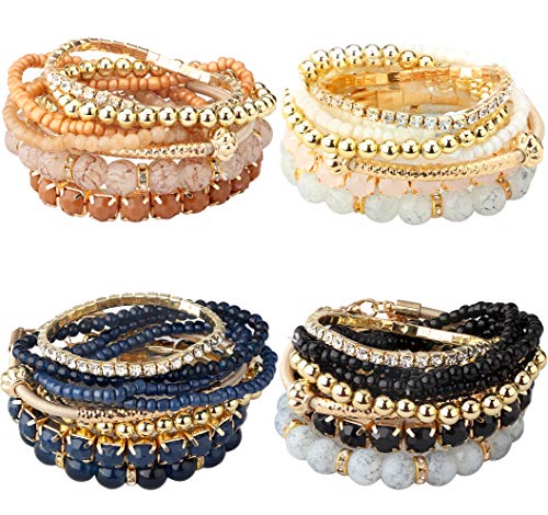 MILACOLATO 2-4 Sets Stackable Bracelets for Women Multilayer Beaded Bracelets Stretch Bangles Bohemian Style (4 Set Bracelets)