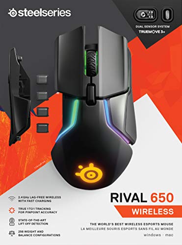 SteelSeries Rival 650 Quantum Wireless Gaming Mouse - Rapid Charging Battery - 12, 000 Cpi Truemove3+ Dual Optical Sensor - Low 0.5 Lift-Off Distance - 256 Weight Configurations - 8 Zone RGB Lighting