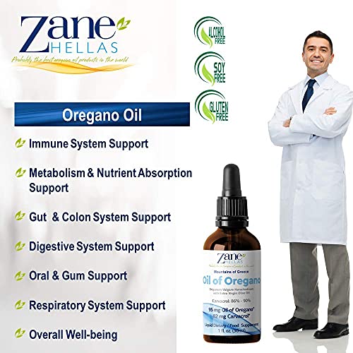 Zane Hellas 50 % Oregano Oil. Greek Essential Oil of Oregano .86% Min Carvacrol. 82mg Carvacrol Per Serving. Probably The Best Oregano Oil in The World. 1 fl. oz.- 30ml