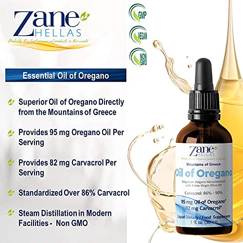 Zane Hellas 50 % Oregano Oil. Greek Essential Oil of Oregano .86% Min Carvacrol. 82mg Carvacrol Per Serving. Probably The Best Oregano Oil in The World. 1 fl. oz.- 30ml