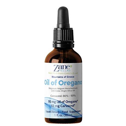 Zane Hellas 50 % Oregano Oil. Greek Essential Oil of Oregano .86% Min Carvacrol. 82mg Carvacrol Per Serving. Probably The Best Oregano Oil in The World. 1 fl. oz.- 30ml