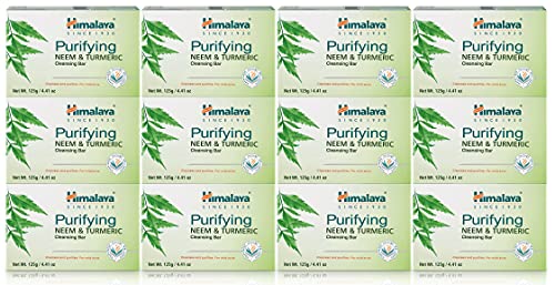 Himalaya Purifying Neem & Turmeric Cleansing Bar, Face and Body Soap for Soft, Clear & Acne Free Skin, 4.41 oz, 12 Pack