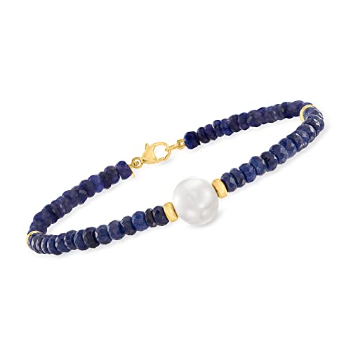 Ross-Simons 9-10mm Cultured Pearl and 22.00 ct. t.w. Sapphire Bead Bracelet in 14kt Yellow Gold. 7.25 inches