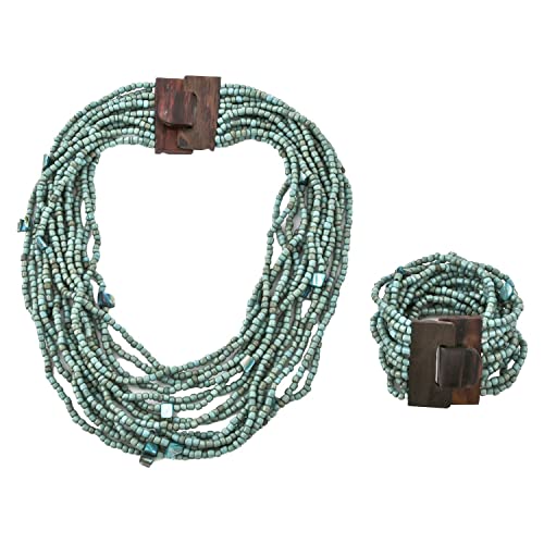 Shop LC Handmade Green Seed Bead Boho Costume Jewelry Set for Women Stretchable Beaded Bracelet Statement Necklace Multi Strand Layered Wooden Buckle Clasp Size 18" & 6.5" to 7.5" Birthday Gifts