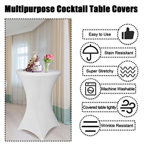 SUNTQ 2 Pack Spandex Table Covers, Cocktail Fitted Tablecloths, Round Highboy Stretch Table Cloths for Party, Wedding, Birthday, Banquet, Vendors,Bistro Table,White,32x43 Height