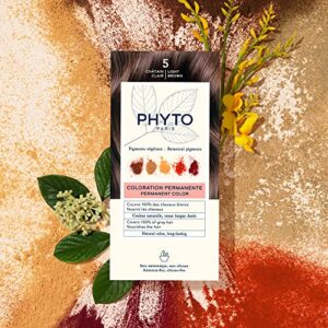 PHYTO Phytocolor Permanent Hair Color, 5 Light Brown, with Botanical Pigments, 100% Grey Hair Coverage, Ammonia-free, PPD-free, Resorcin-free, 0.42 oz.