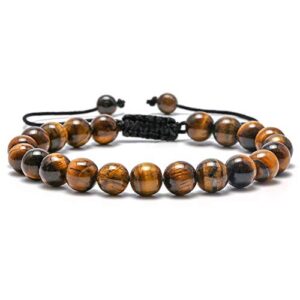 m mooham stone bead bracelets, natural tiger eye stone beads bracelet, men women stress relief yoga beads adjustable semi-precious stone bracelet bangle