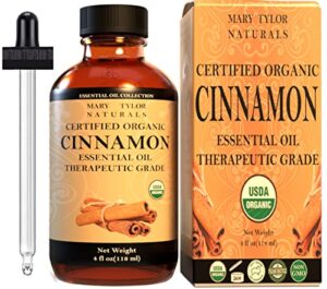 organic cinnamon essential oil (4 oz), usda certified organic, therapeutic grade, 100% pure and natural, perfect for aromatherapy, diffuser, diy by mary tylor naturals