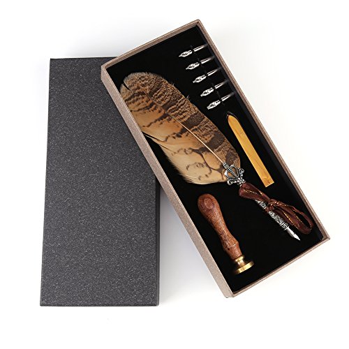 ZJchao Quill Feather Pen, Comfortable Touch Exquisite Design Antique Style Less Stress Calligraphy Owl Pen Set Alloy Nibbed Writing Quill Dip Pen Business Office Supplies with A Gift Box