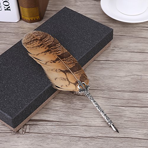 ZJchao Quill Feather Pen, Comfortable Touch Exquisite Design Antique Style Less Stress Calligraphy Owl Pen Set Alloy Nibbed Writing Quill Dip Pen Business Office Supplies with A Gift Box