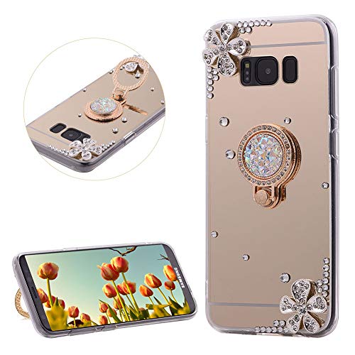 DasKAn Rhinestone Mirror Case for Samsung Galaxy Note 8 with Metal Finger Holder Ring Stand,Crystal 3D Diamond Design Ultra Slim Soft Silicone Back Cover Flexible TPU Protective Phone Case,Gold#1