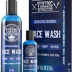 Viking Revolution Charcoal Face Wash for Men- Scrub Away Dirt and Toxins, Skin Cleaning Agent - Cleanse, Purify and Refresh - Daily Charcoal Facial Cleanser - 8 Fl Oz plus a 2 Fl Oz, 2 Piece Set