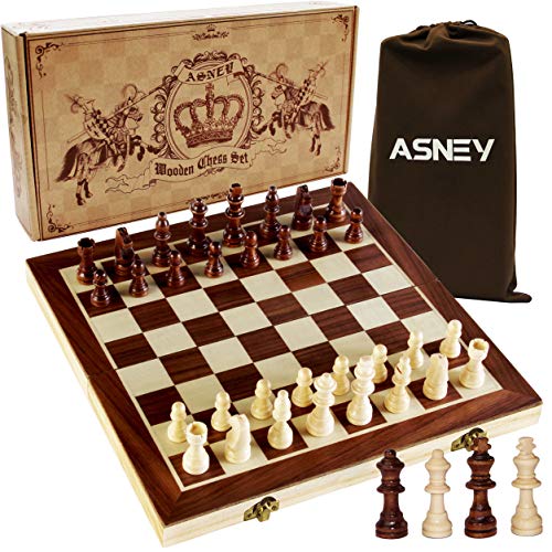 ASNEY Upgraded Magnetic Chess Set, 15" Tournament Staunton Wooden Chess Board Game Set with Crafted Chesspiece & Storage Slots for Kids Adult, Includes Extra Kings, Queens & Carry Bag (15“)