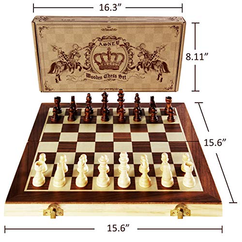 ASNEY Upgraded Magnetic Chess Set, 15" Tournament Staunton Wooden Chess Board Game Set with Crafted Chesspiece & Storage Slots for Kids Adult, Includes Extra Kings, Queens & Carry Bag (15“)