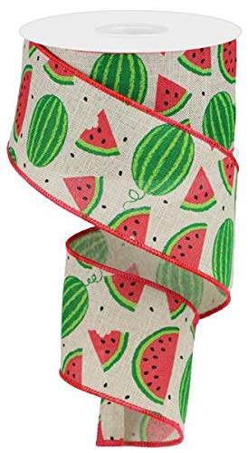 Watermelon Slices Canvas Wired Edge Ribbon, 10 Yards (Light Natural, 2.5")