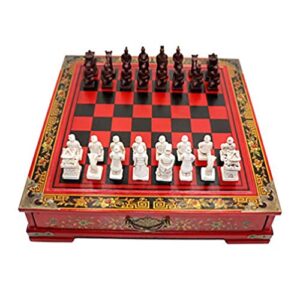 ireav retro terracotta warriors chess set for kids and adults classic family board game with folding wooden chessboard 3d resin chess pieces and storage slots (10.23×10.23 inch)