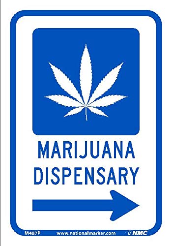 NMC M487P Notice – Marijuana Dispensary Arrow Sign – 10 in. x 7 in. Vinyl Notice with Right Arrow, Marijuana Graphic, Blue Text on White