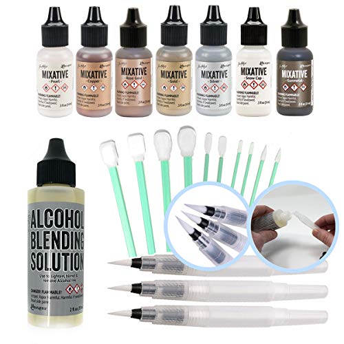 Ranger Tim Holtz Alcohol Ink Mixatives (All 7 Colors), 2-Ounce Ranger Blending Solution, 3 Pixiss Blending Brush Pens, 10 Pixiss Precision Ink Blending Tools